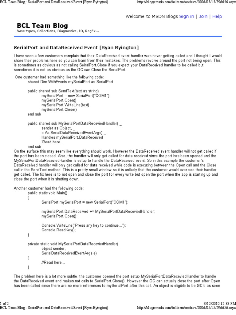 SerialPort and DataReceived Event | PDF | C Sharp (Programming Language) | System Software