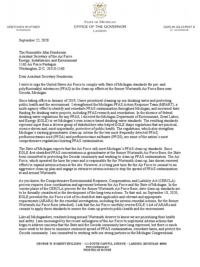 Letter From Gov Whitmer To ASAF Henderson | PDF | Superfund ...