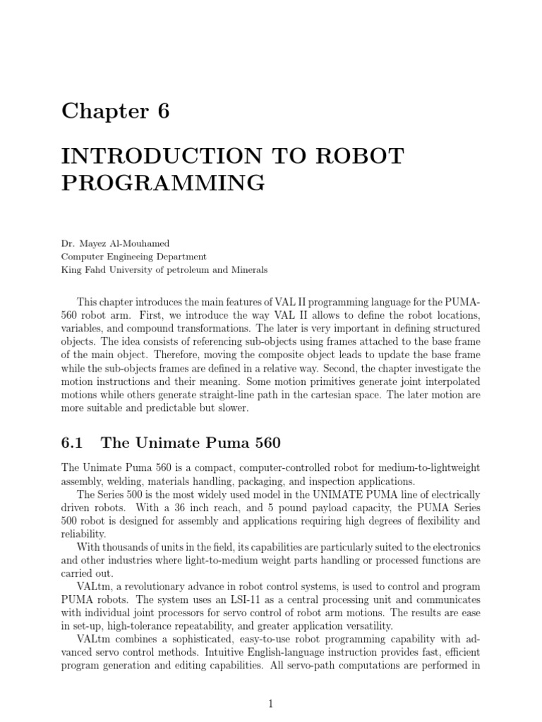 Introduction To Robot Programming: 6.1 The Unimate Puma 560 | PDF ...