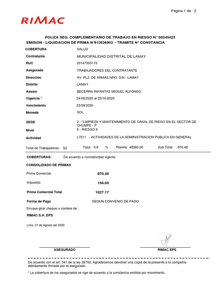 Constanacia Rimac | PDF | Reaseguro | Póliza de seguros