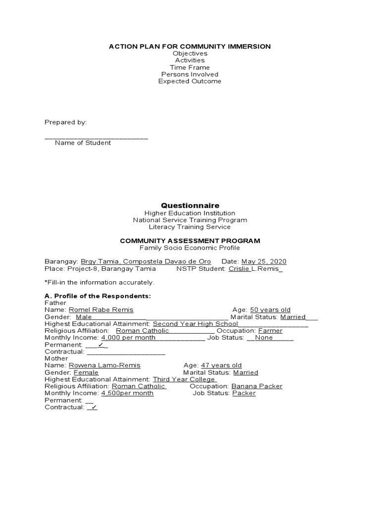 Action Plan For Community Immersion: Questionnaire | PDF | Behavior Modification | Learning
