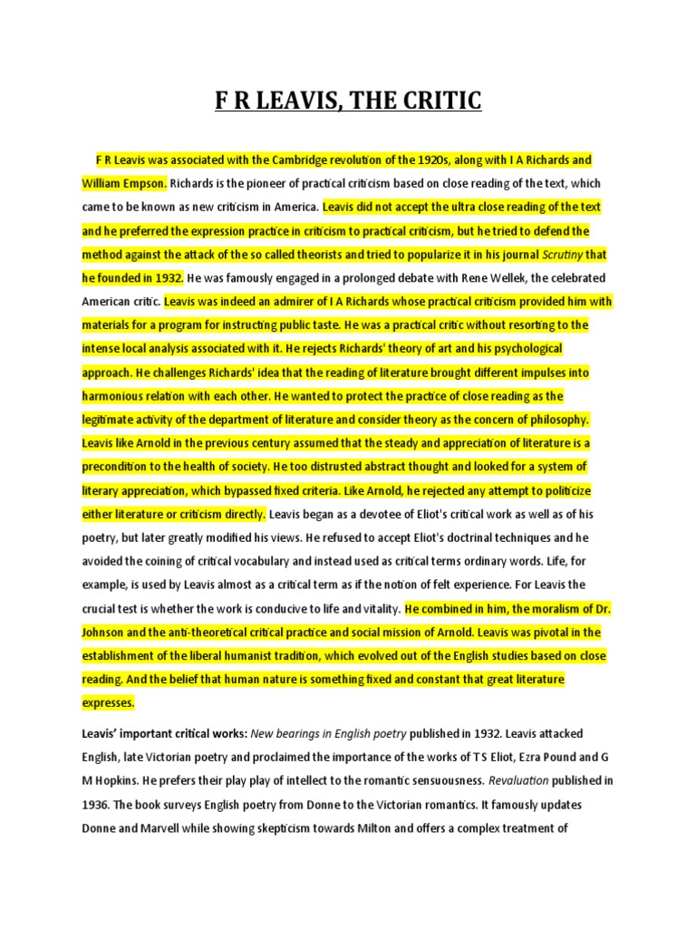 F R Leavis | PDF | Poetry | Criticism