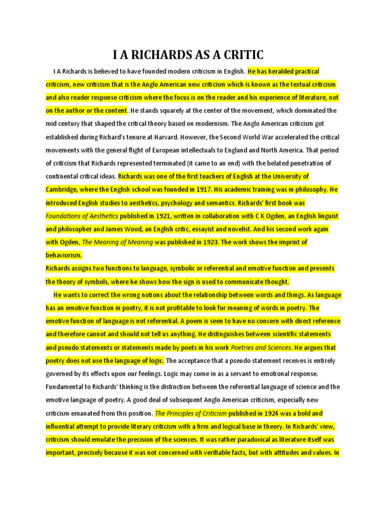 I A Richards As A Critic | PDF | Criticism | Mind