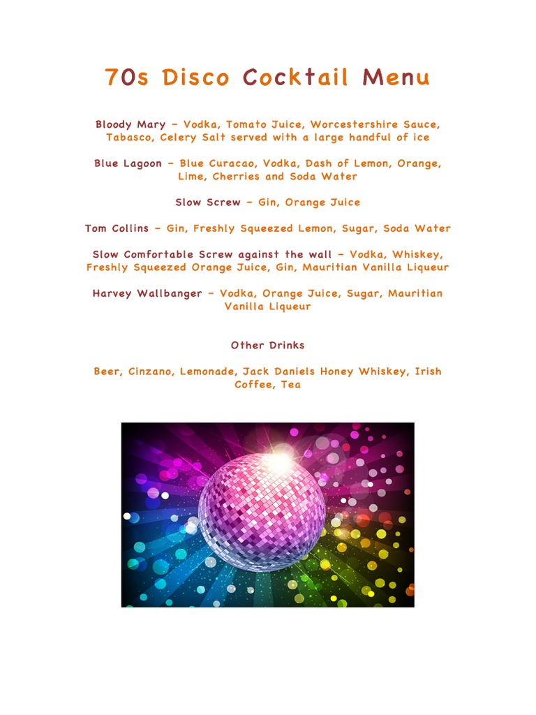 70s Disco Cocktail Menu | PDF