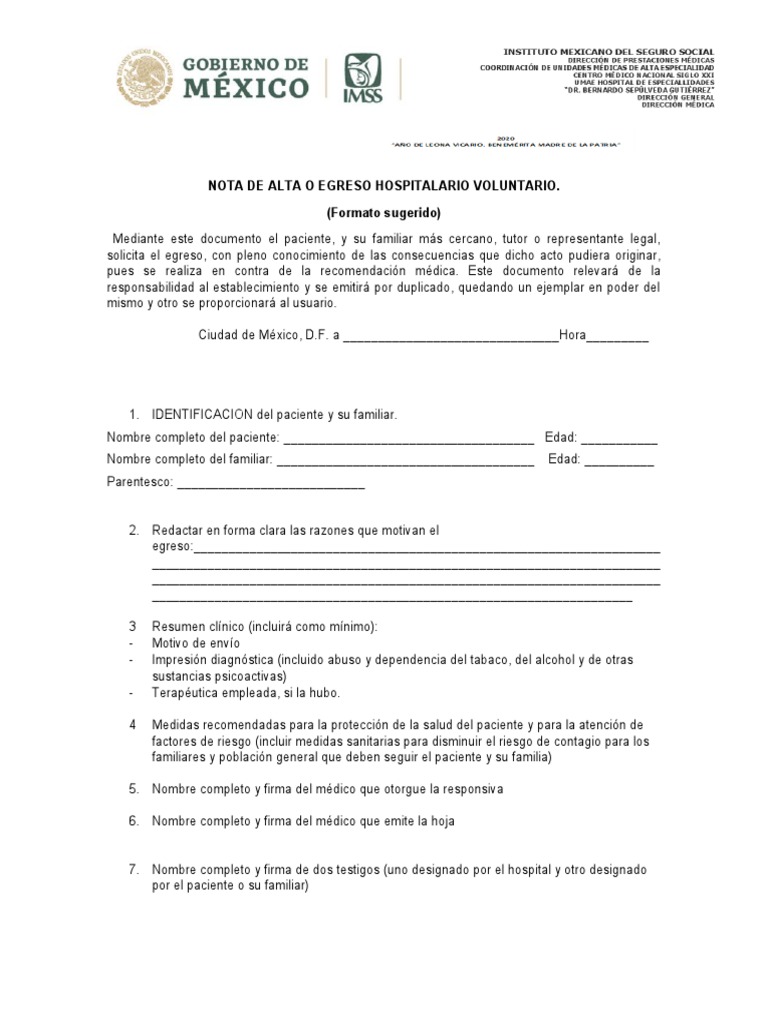 Nota de Alta o Egreso Hospitalario Voluntario | PDF | Hospital ...