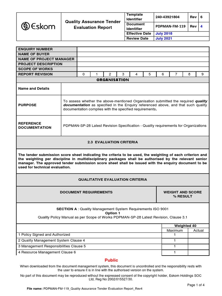 PDPMAN-FM-119 - Quality Assurance Tender Evaluation Report - Rev4 | PDF ...