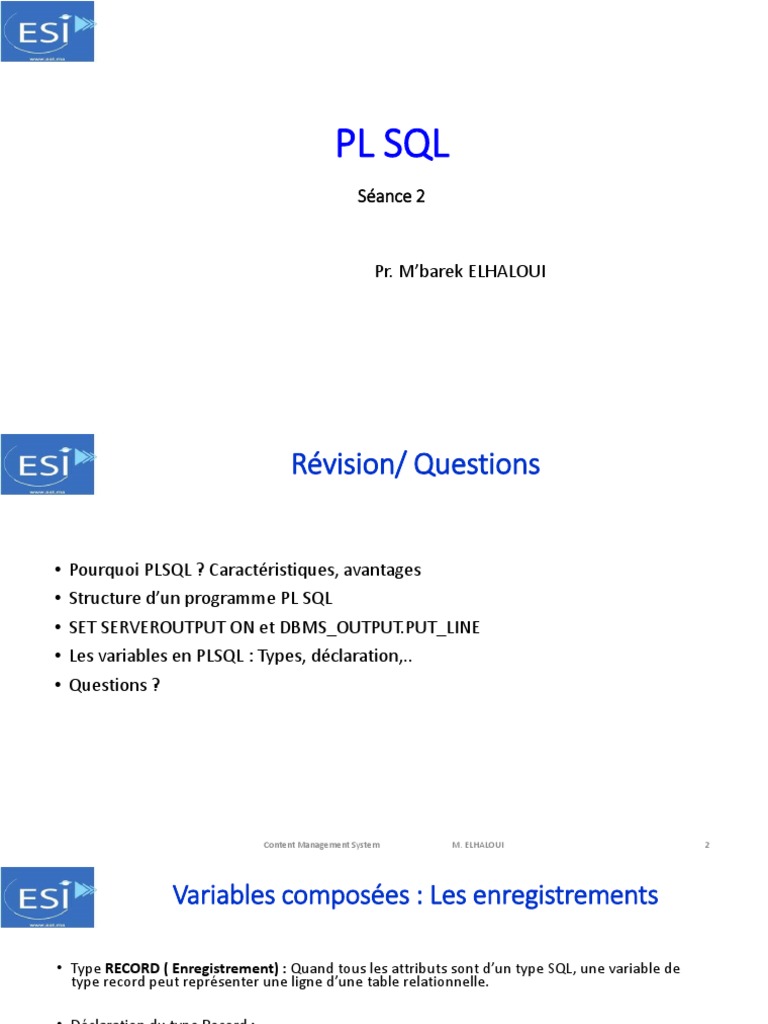 Cours PLSQL P1S2 PDF | PDF | SQL | Logiciel de gestion des données