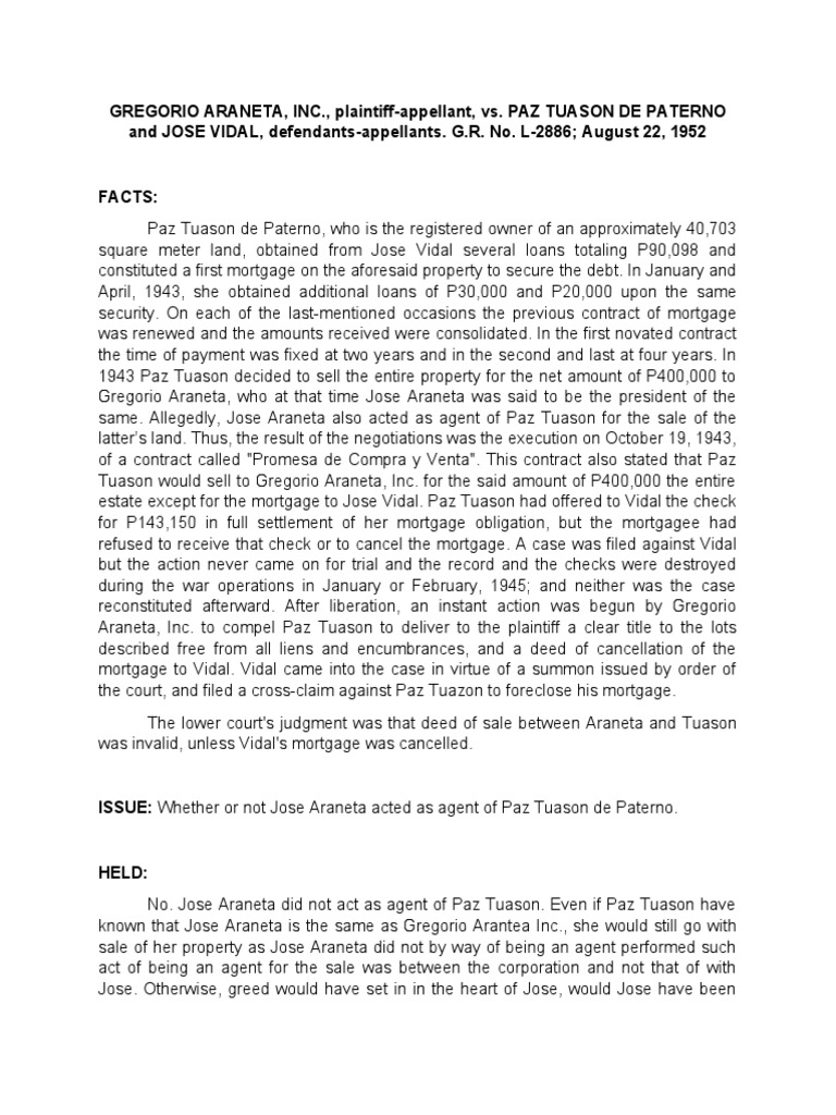 Analysis of Agency Relationship in the Sale of Land Between Paz Tuason ...