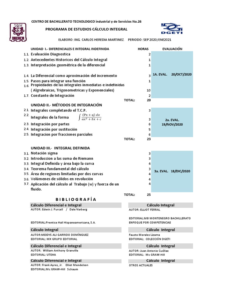 Temario Calculo Integral 2020 | PDF | Integral | Cálculo