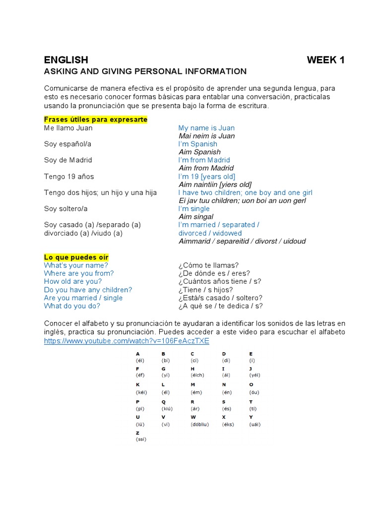 English Week 1: Asking and Giving Personal Information | PDF