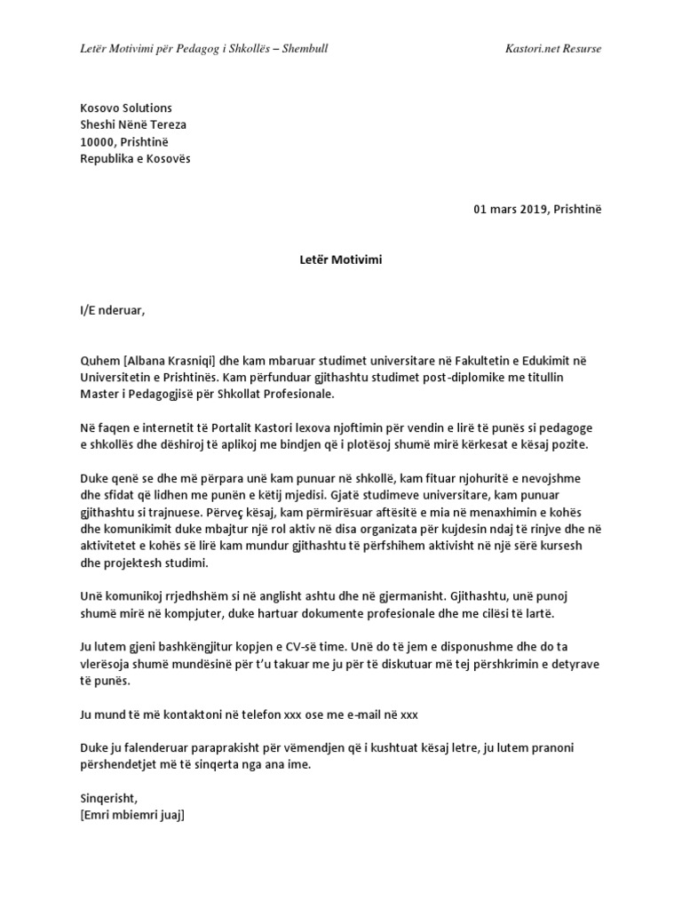 Leter Motivimi Pedagog I Shkolles Kastori | PDF