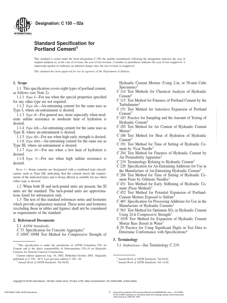 ASTM C150 02a Portland Cement | PDF | Cement | Oxide