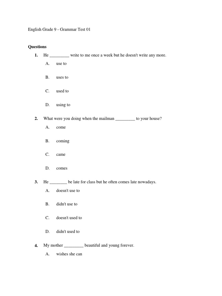 English Grade 9 - Grammar Exercise 1 | PDF
