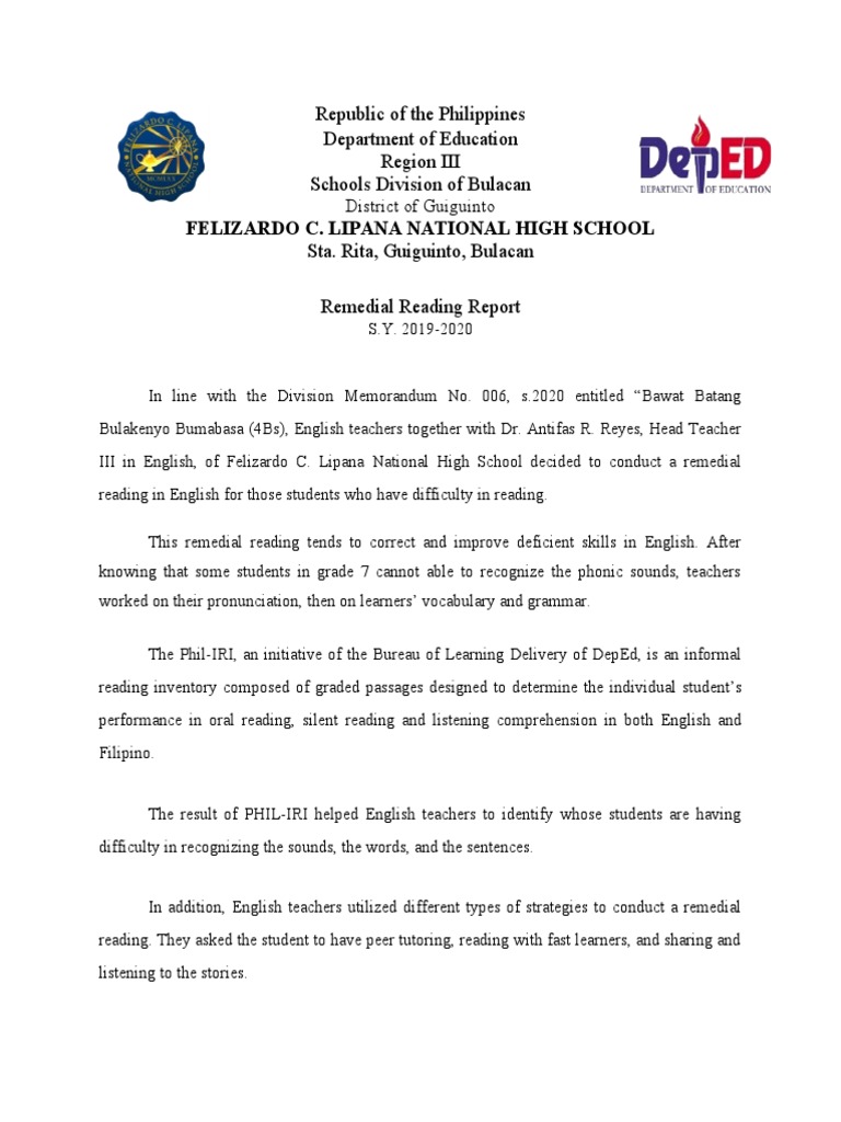 Remedial Reading Report 2019-2020 | PDF