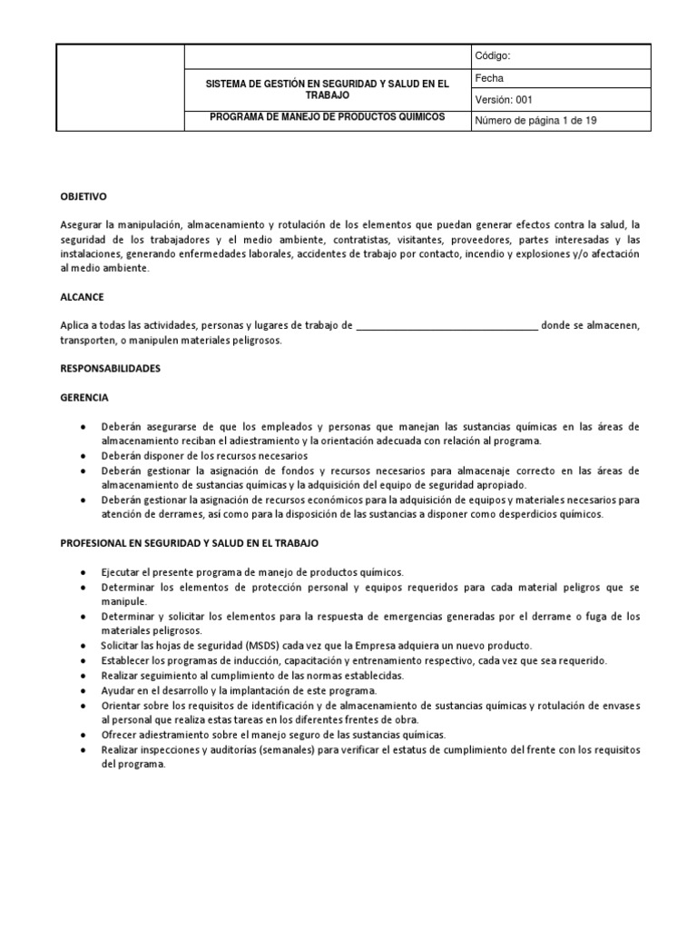 Programa de Manejo de Productos Quimicos | PDF | Oxígeno | Residuos