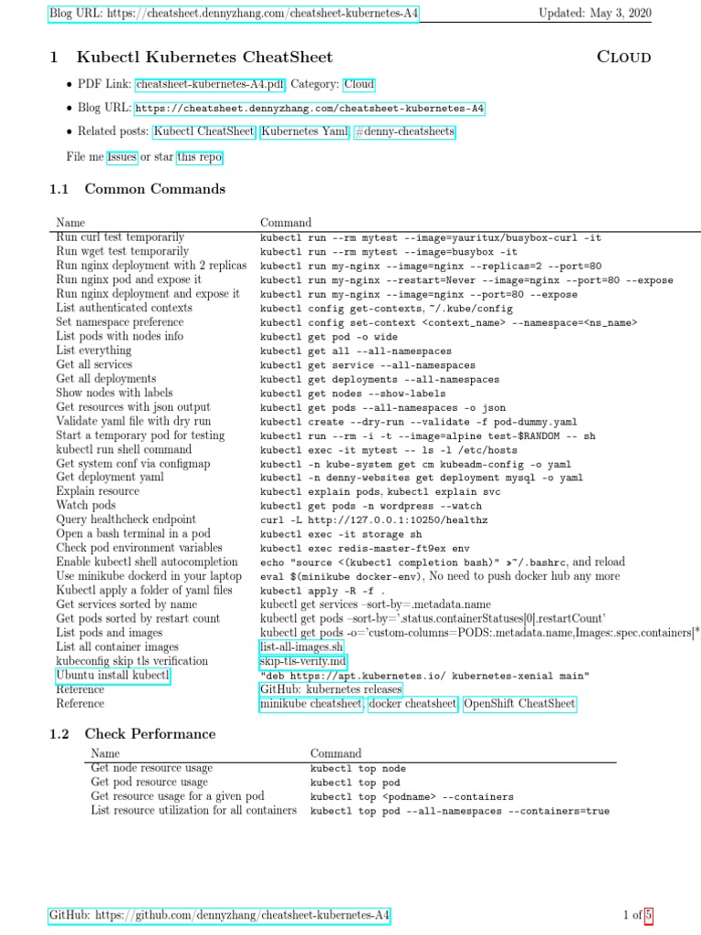 1 Kubectl Kubernetes Cheatsheet Cloud: 1.1 Common Commands | PDF