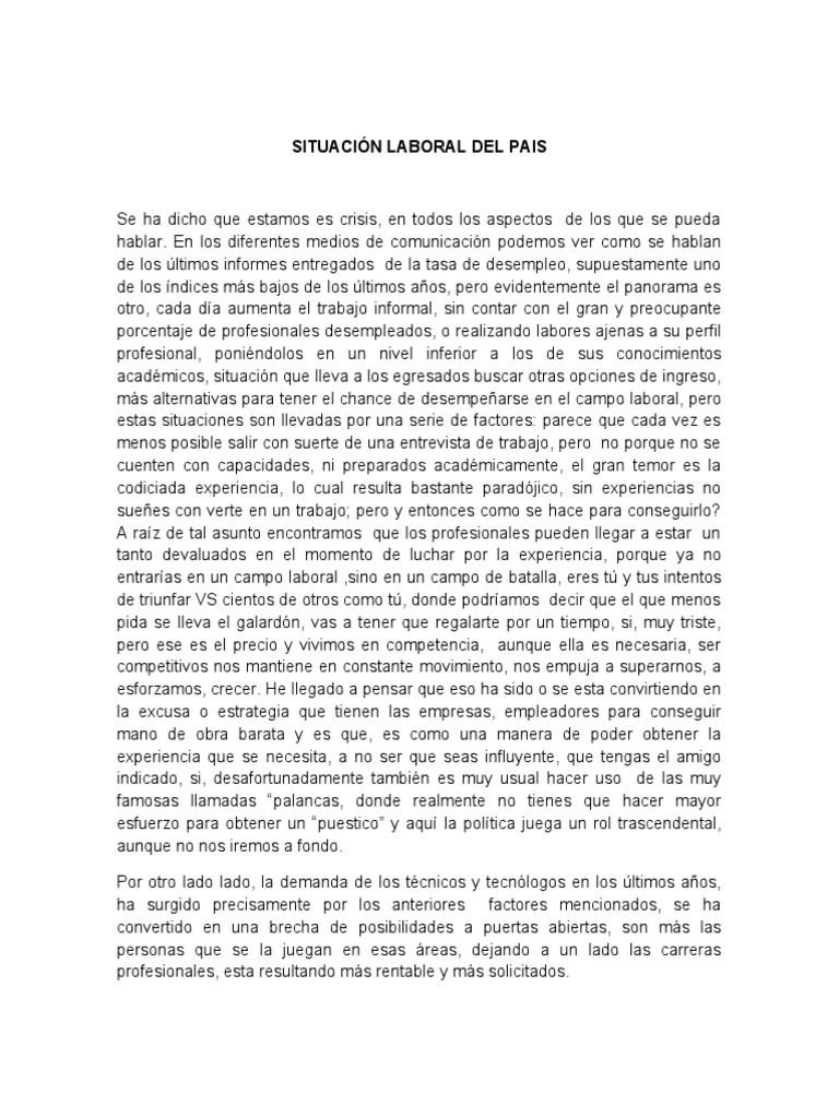 Ensayo. Situacion Laboral. | PDF | Desempleo | Ciencias sociales