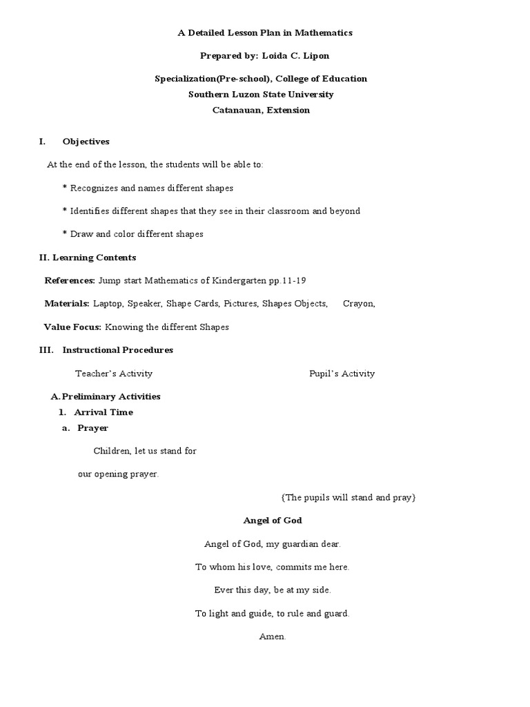 Preschool Math Lesson Plan: Shapes | PDF | Lesson Plan | Teachers
