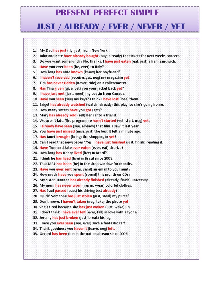 Just / Already / Ever / Never / Yet: Present Perfect Simple | PDF