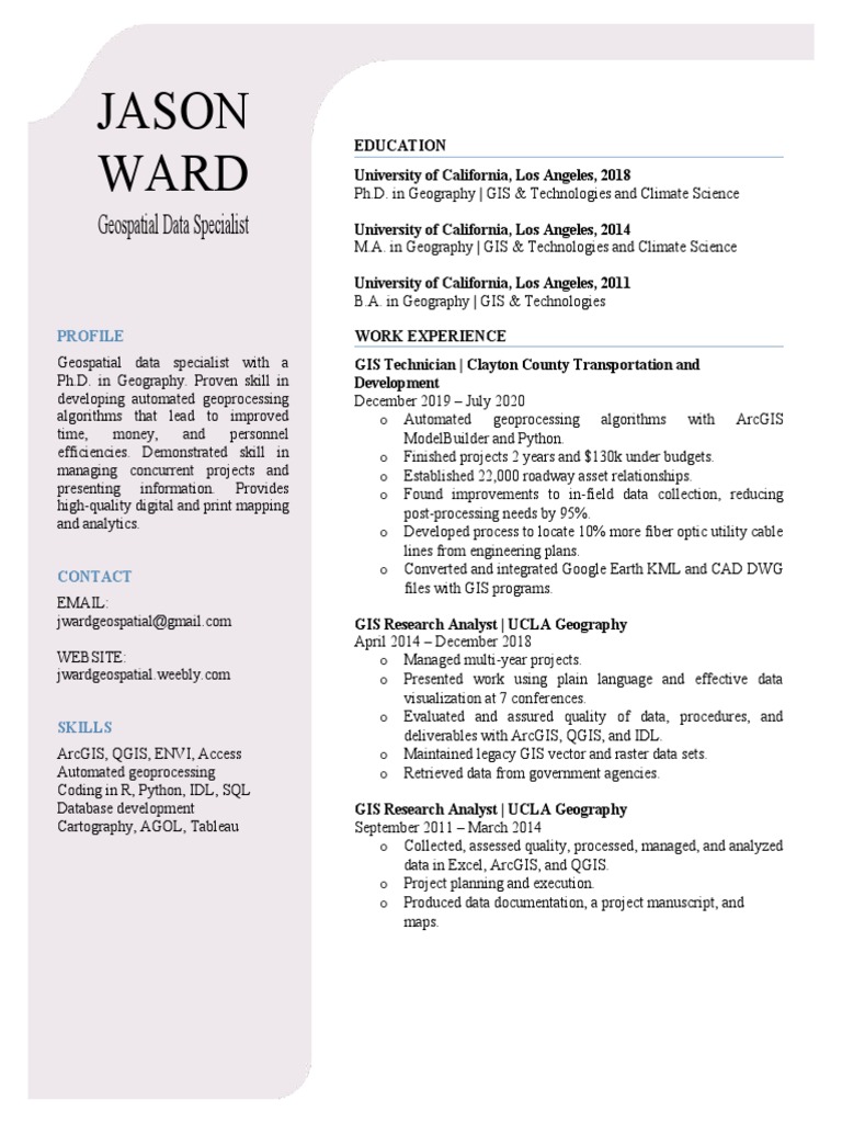 JW Resume | PDF | Arc Gis | Geographic Information System
