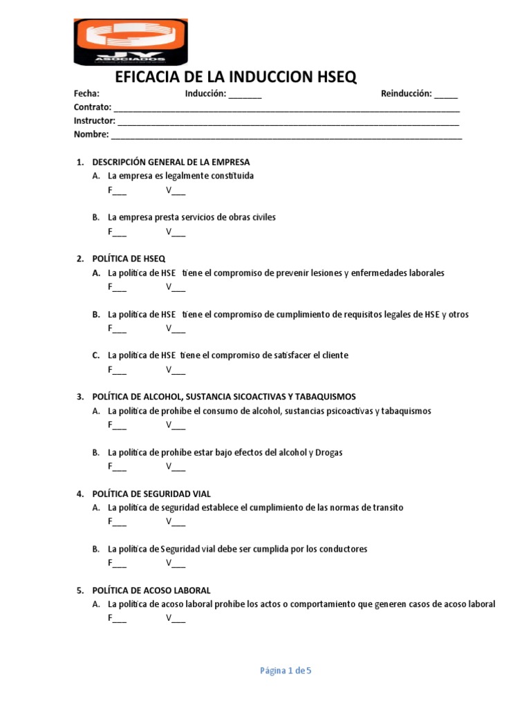 Evaluacion De Induccion De Hseq Pdf Residuos Business