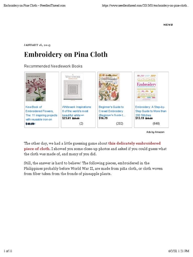 Embroidery On Pina Cloth | PDF | Embroidery | Crafts