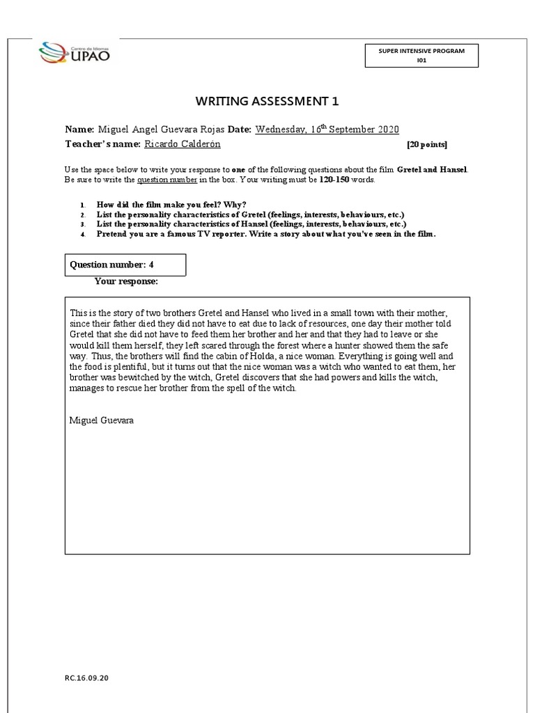 Writing Assessment 1. 20 Points | PDF
