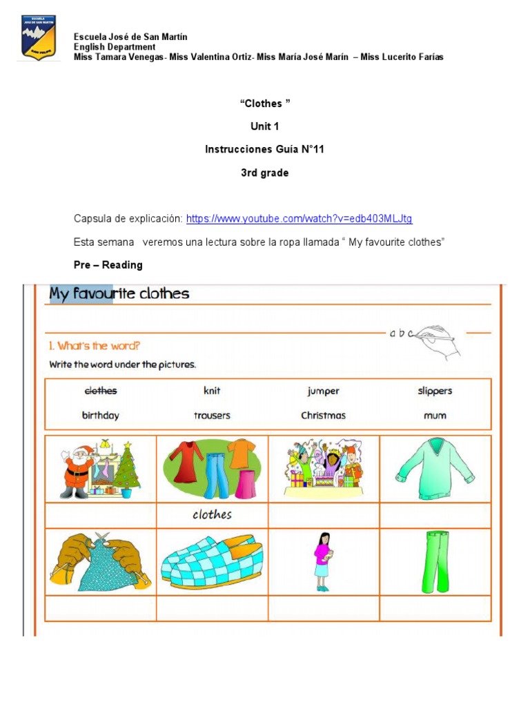 "Clothes " Unit 1 Instrucciones Guía N°11 3rd Grade | PDF