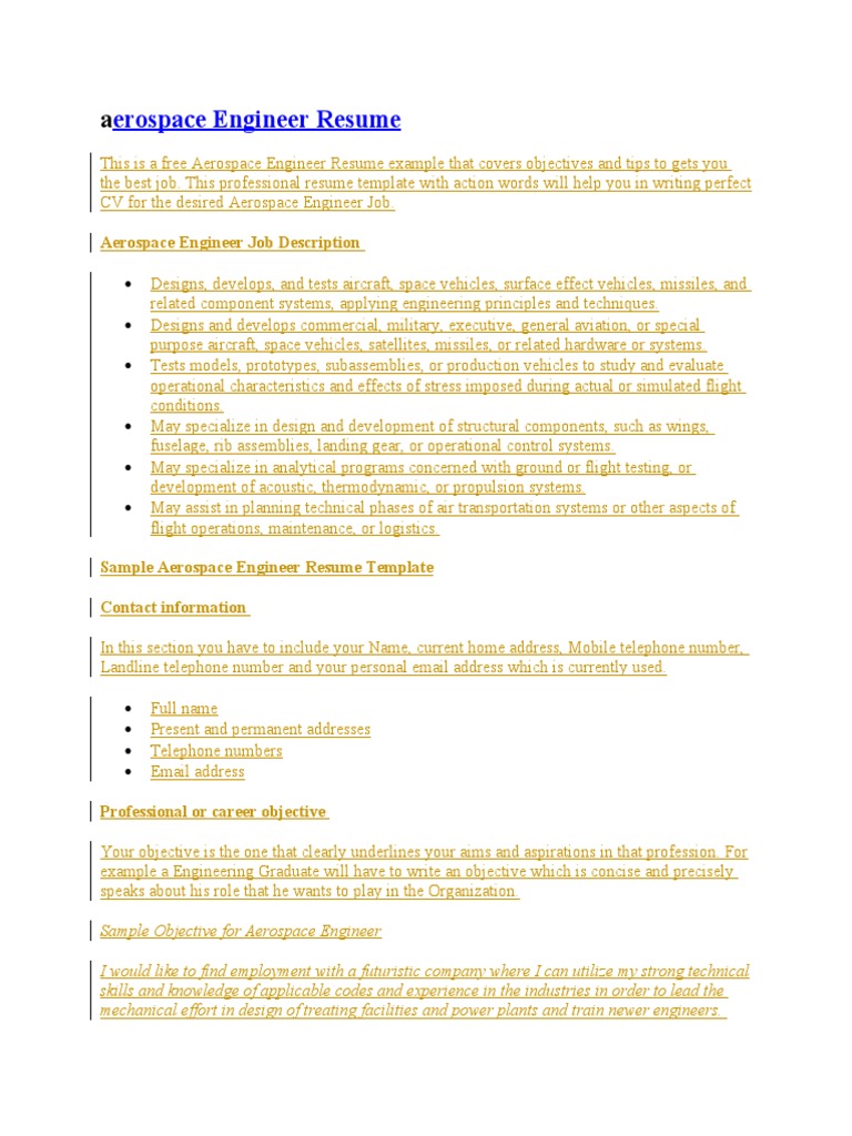 Erospace Engineer Resume: Aerospace Engineer Job Description | PDF ...