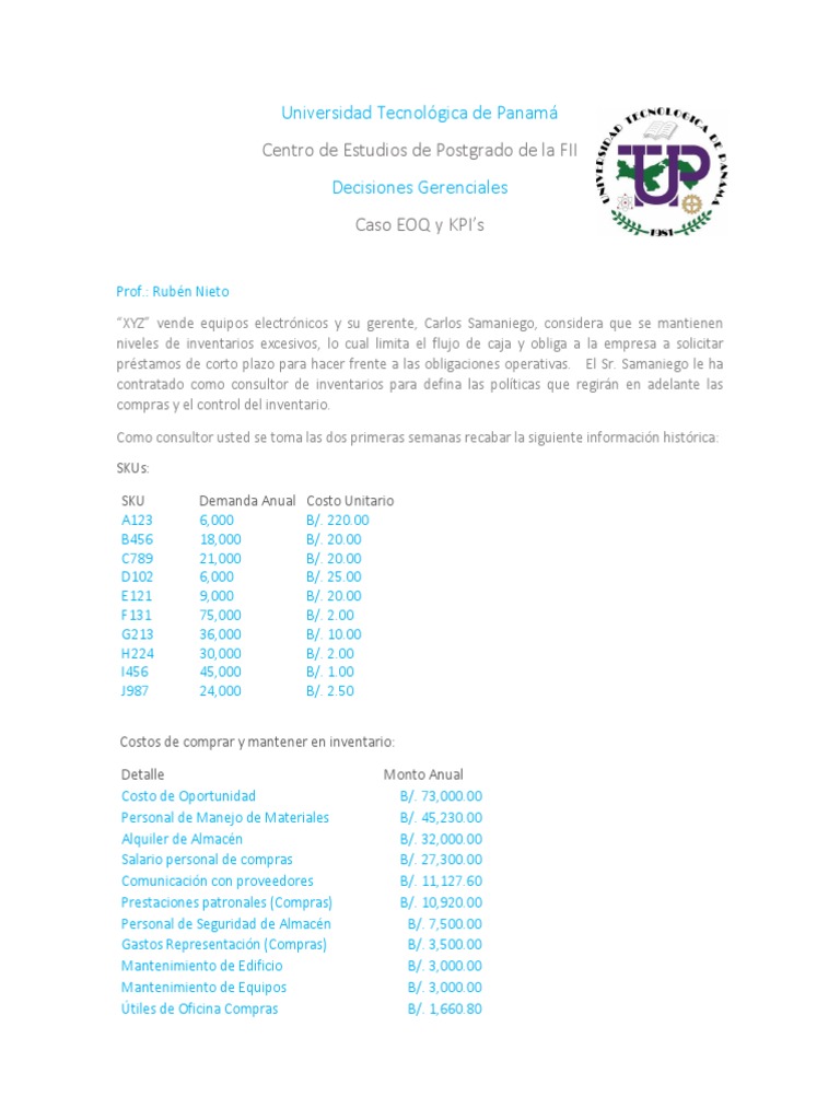 CLase No. - Laboratorio Nivel de Servicio - EOQ y KPIs | PDF ...