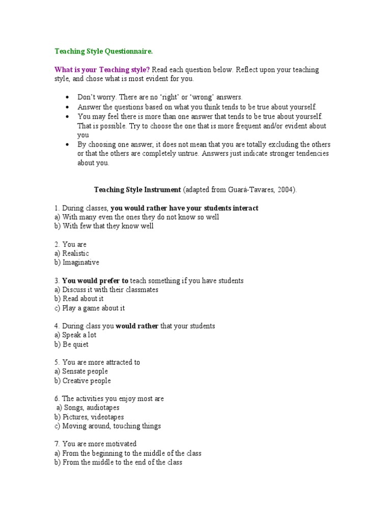 Teaching - Style - Questionnaire | PDF | Classroom | Teachers