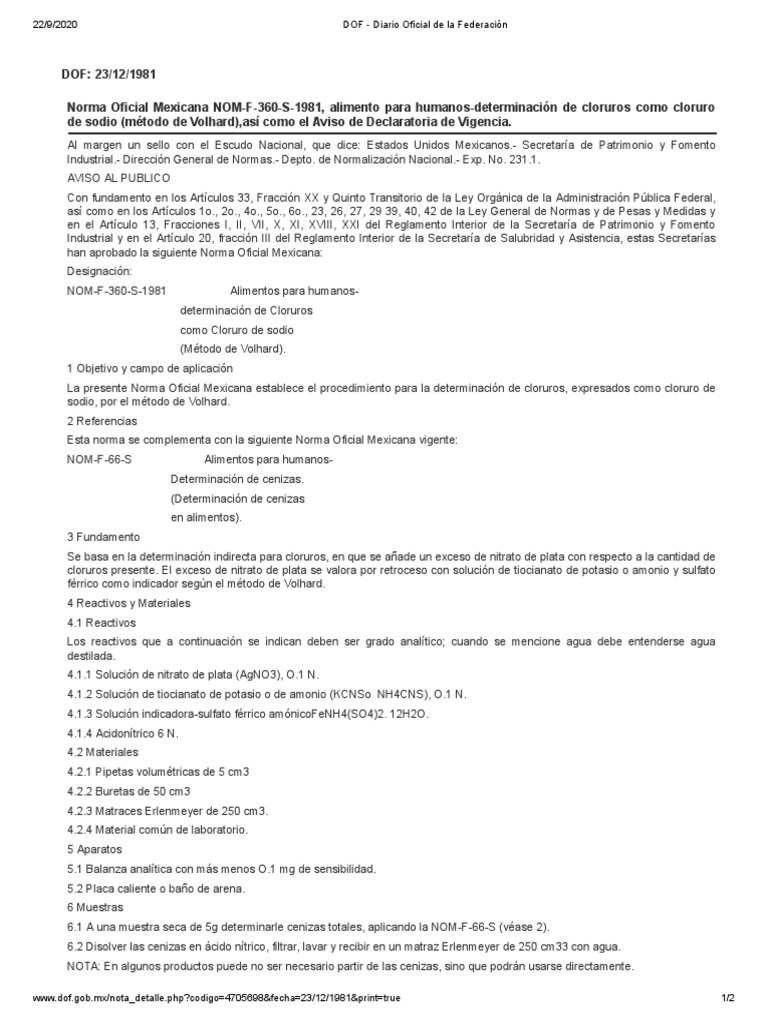 NOM-F-360-S-1981 - Determinación de Cloruros en Alimentos Por Método ...