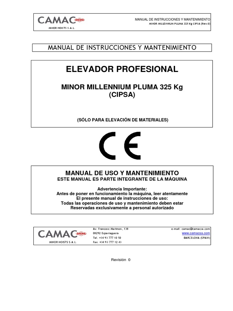 Manual Pluma 325kg 110V CIPSA Rev0 20160421 - ESP | PDF | Ascensor | Tornillo