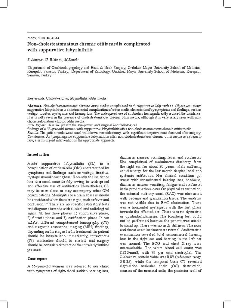 Non-Cholesteatomatous Chronic Otitis Media Complicated With Suppurative Labyrinthitis | PDF ...