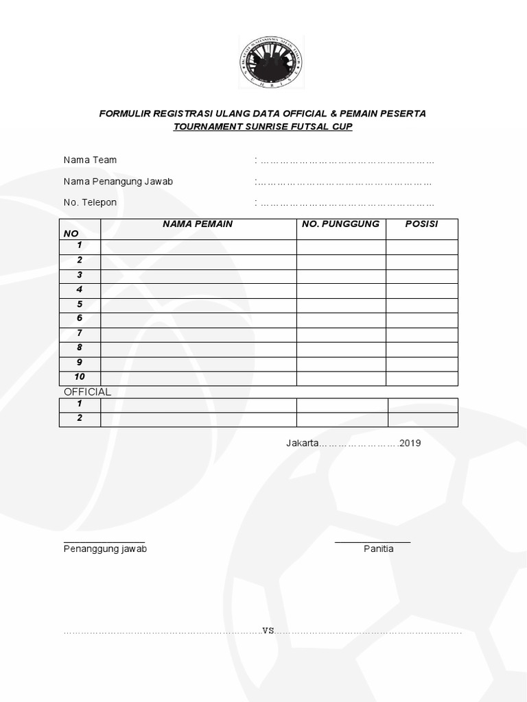 Formulir Registrasi Futsal 2019 | PDF | Olahraga & Rekreasi