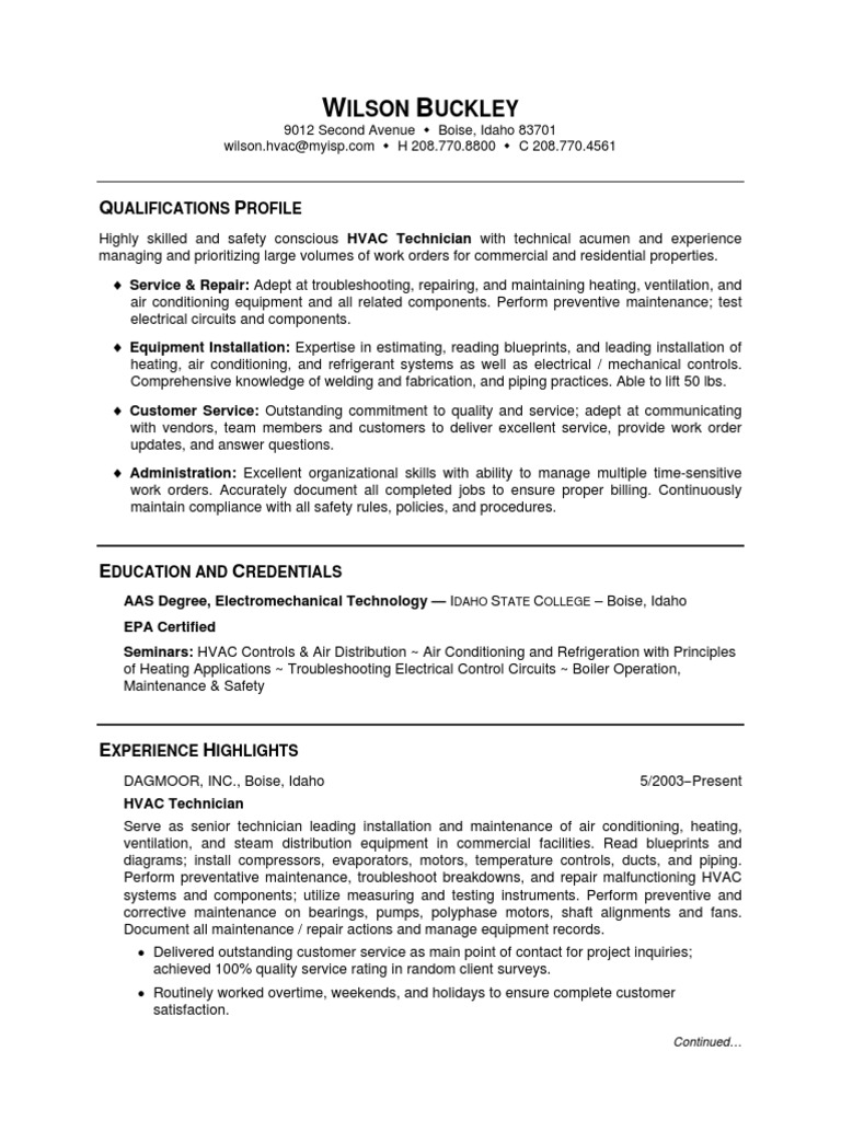 HVAC Technician Resume Sample | PDF | Automation | Heating, Ventilating ...