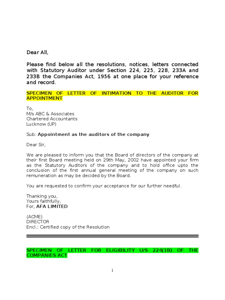Specimen of Letter of Intimation To The Auditor For Appointment | PDF ...