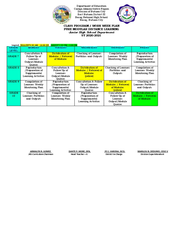 Jhs CLASS PROGRAM WORK WEEK PLAN | PDF | Learning | Behavior Modification