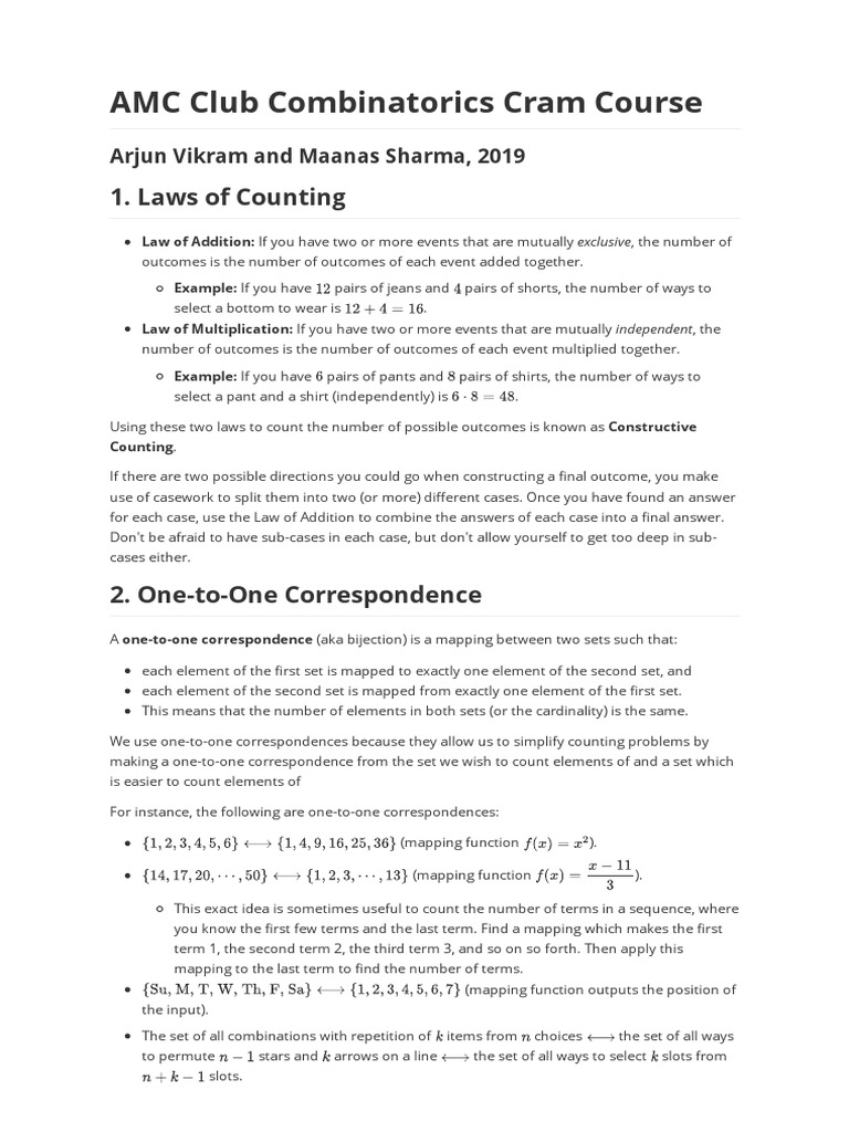 AMC Club Combinatorics Cram Course: 1. Laws of Counting | PDF | Expected Value | Set (Mathematics)