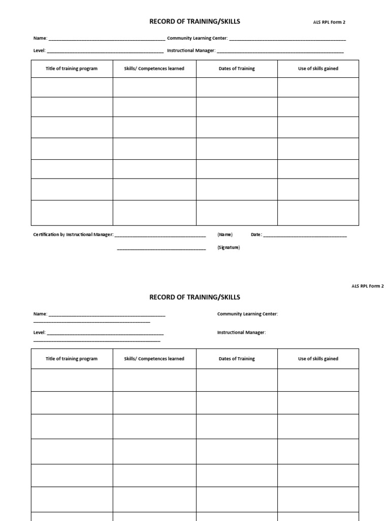 Record of Training/Skills: Als RPL Form 2 | PDF