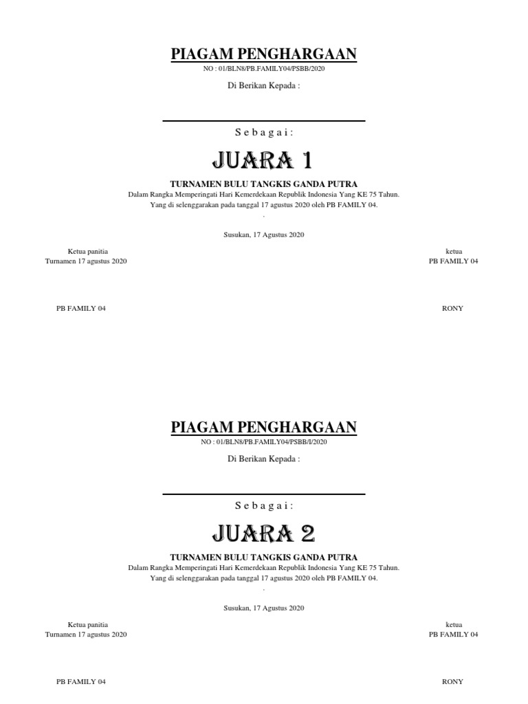 Contoh Piagam Penghargaan | PDF