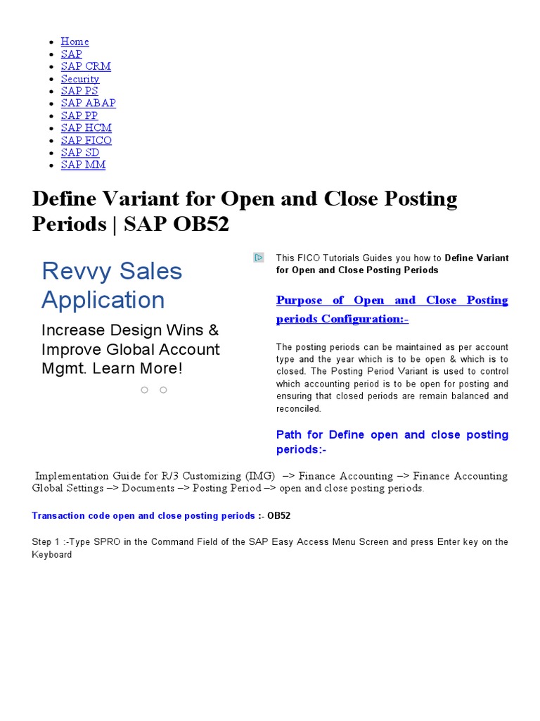 Define Variant For Open and Close Posting Periods - SAP OB52 | PDF ...