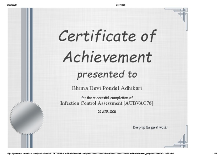 Certificate For Infection Control | PDF