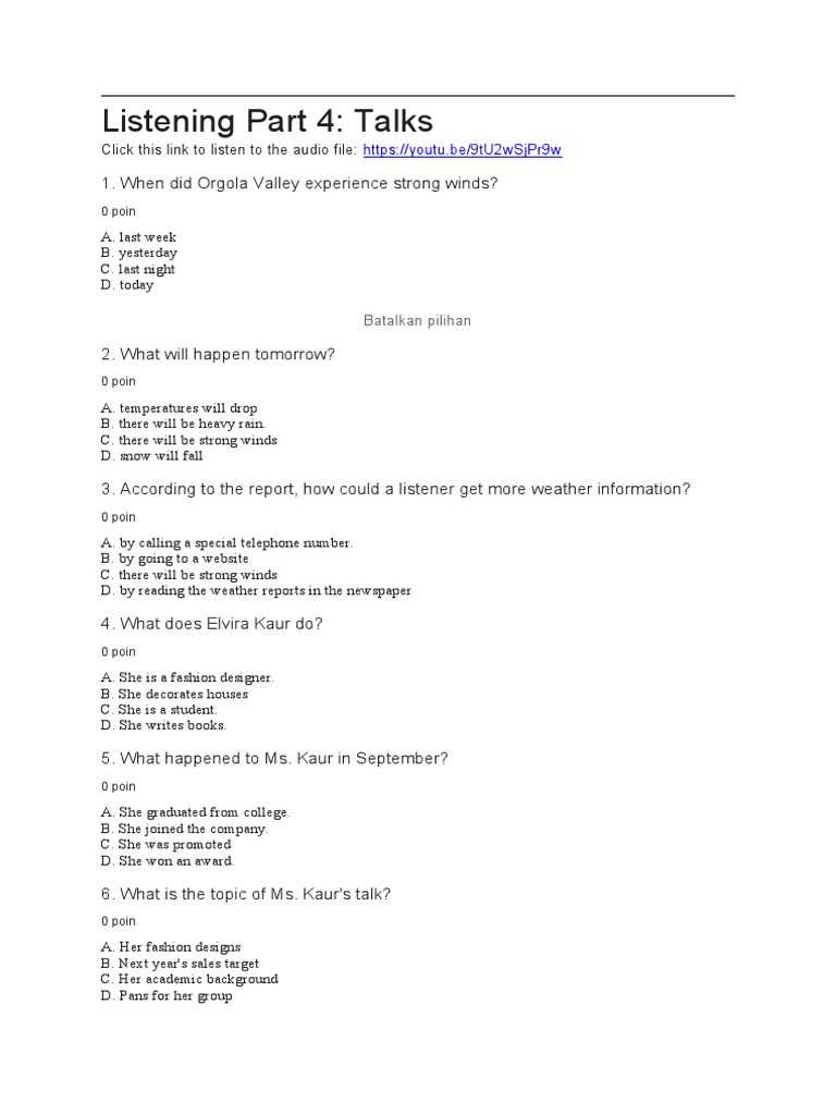 Listening Part 4: Talks: 0 Poin | PDF