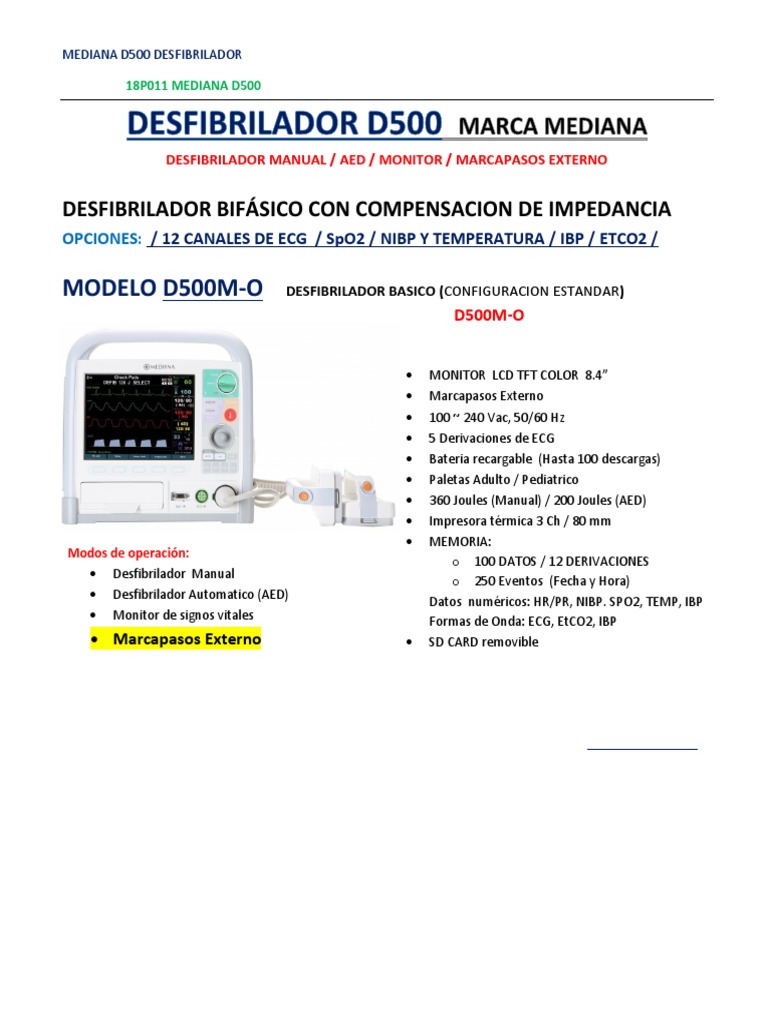 Ficha Tecnica - Desfibrilador - Mediana - D500 | PDF