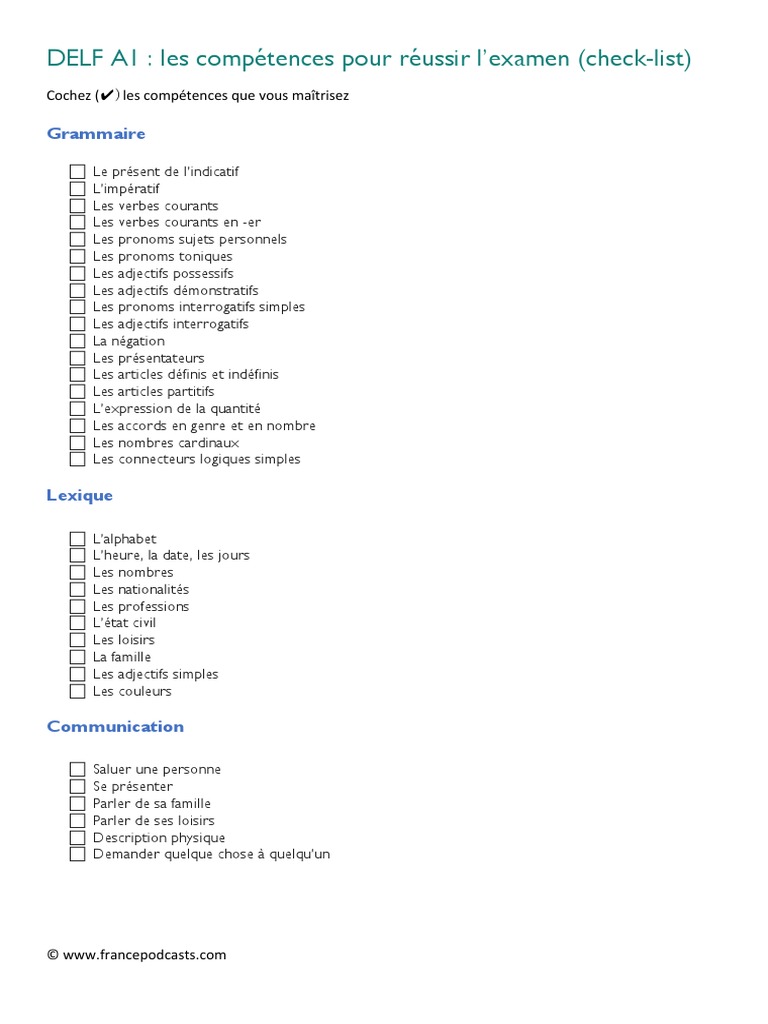 DELF A1 Check List | PDF | Arts du langage et discipline