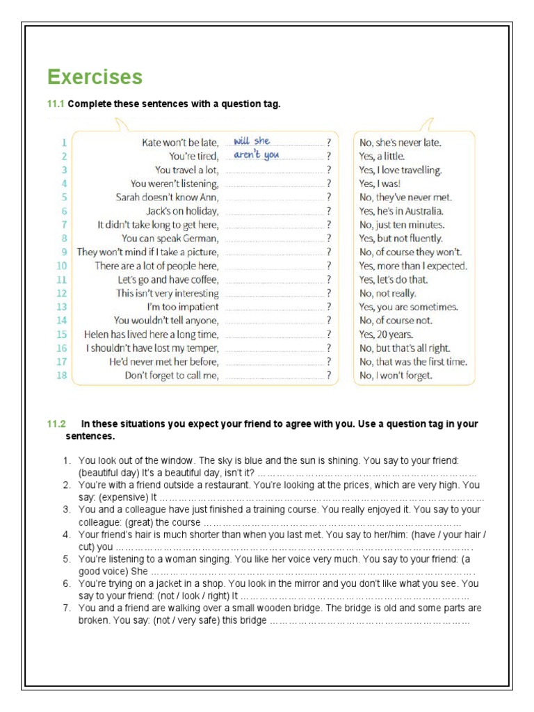 Question Tag Exercises for English Learners | PDF