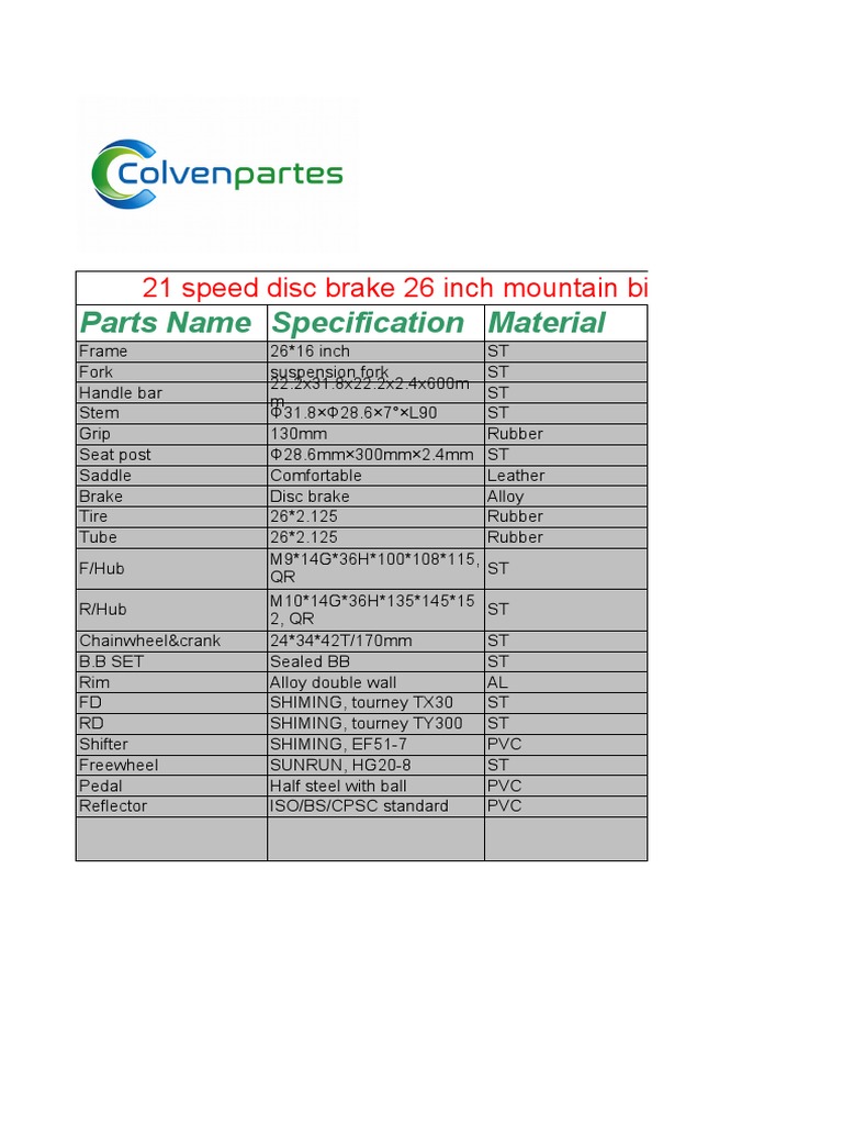 Parts Name Specification Material: 21 Speed Disc Brake 26 Inch Mountain ...