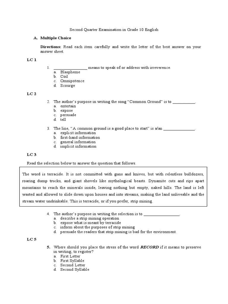 Grade 10 English Exam | PDF | Group Cohesiveness | Question