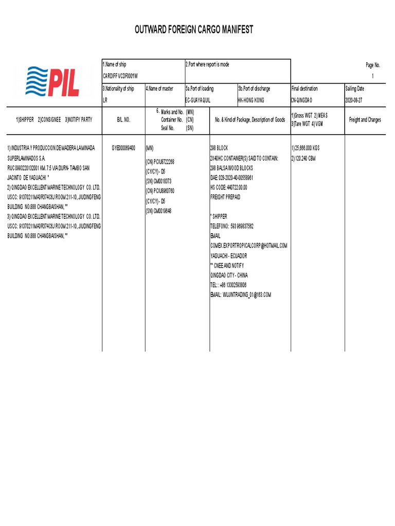 Outward Foreign Cargo Manifest | PDF | Cargo | Port